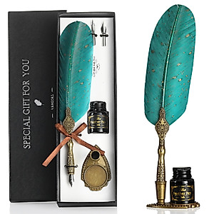 VANGOAL Feather Pen and Ink Set, Glittering Quill Pen Set Antique Calligraphy Dip Pen with Ink, 2 Replacement Nibs, Pen Stand Base, Luxury Vintage Signature Pen (Green)