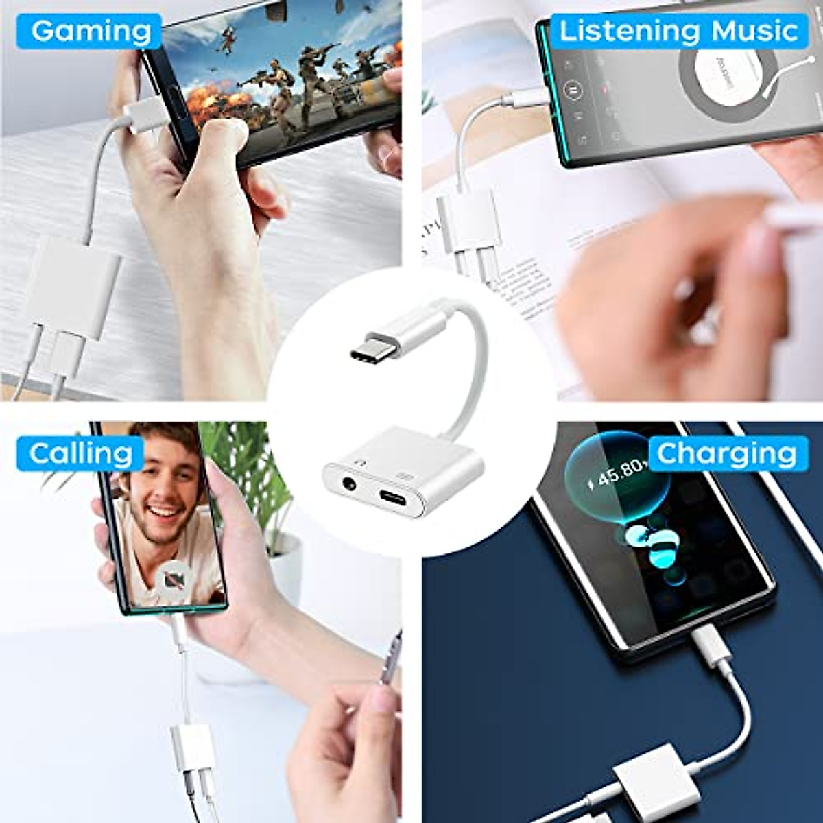QINGLER USB Type C Headphone Adapter to 3.5mm Audio Adapter with Charger 2 Pack for Music, Charge and Line Control, Compatible with Samsung Galaxy S22 S21, iPad pro 2018/20/21, Huawei, One Plus