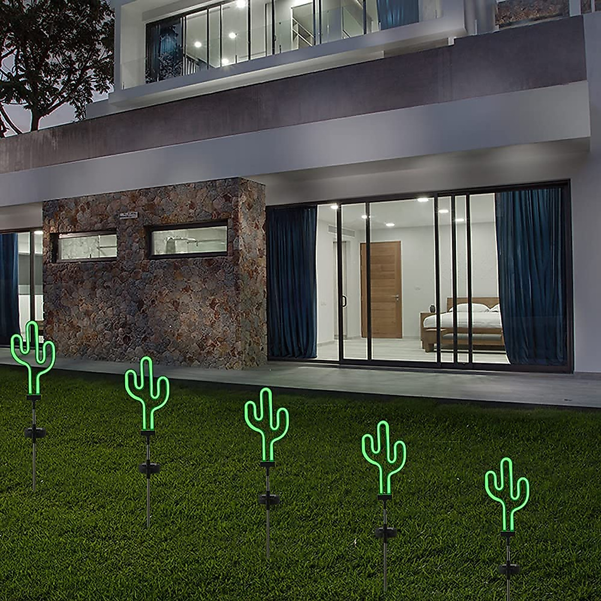 Bannad Solar Garden Stake Lights Outdoor Pathway Light for Lawn Patio Yard Walkway Neon Green Cactus Lighting, 2 Pack