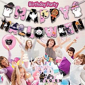 Pink Black Halloween Birthday Party Decorations Kit Happy Halloween Banner Castle Cake Topper Ghost Witch Bat Cupcake Toppers Skeleton Boos Ghost Balloons Kit for Halloween Baby Shower Party Decor