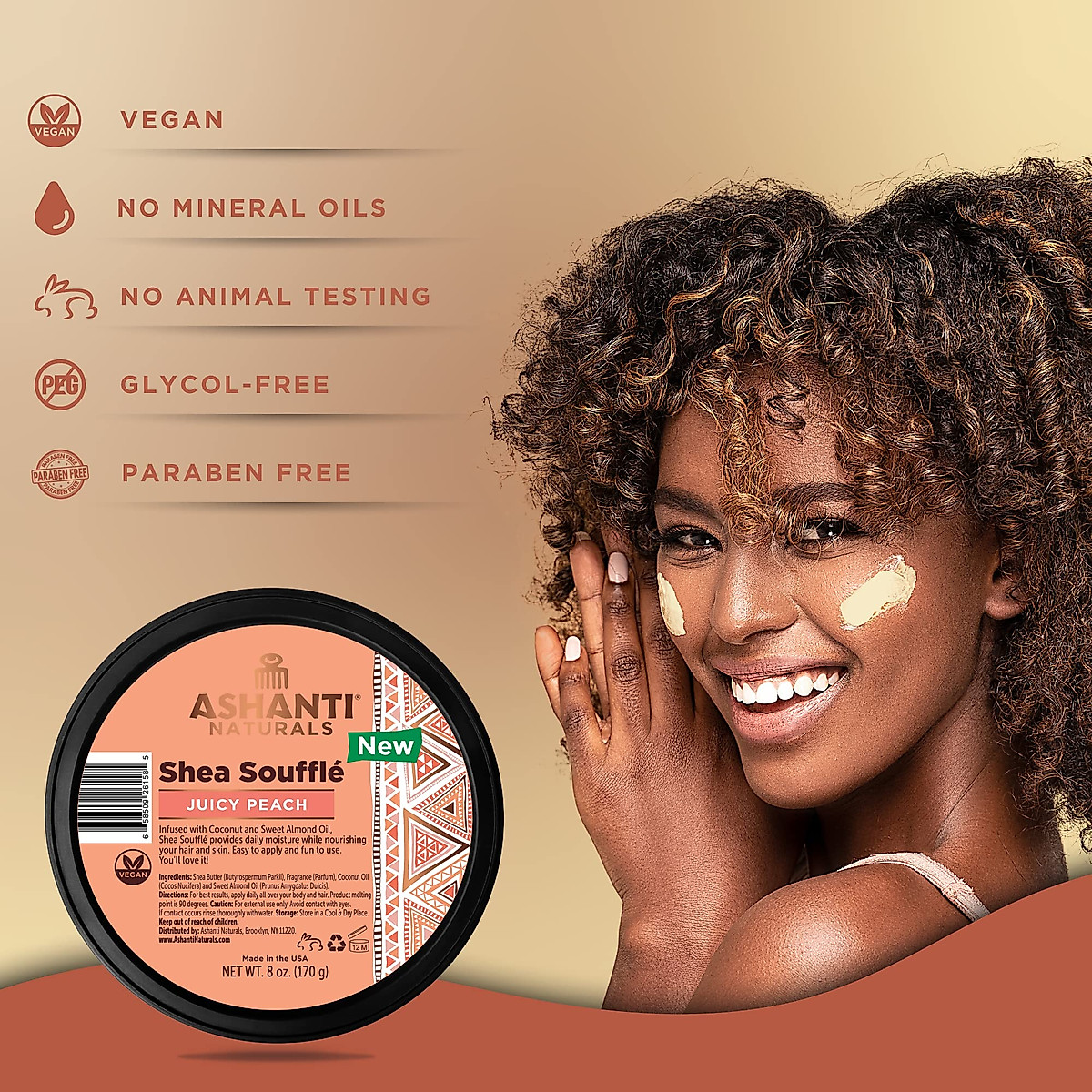 Ashanti Naturals Scented Whipped Shea Butter for Skin | African Body Butter for Women w/Coconut, Almond Oil (Juicy Peach Souffle, 8 oz)