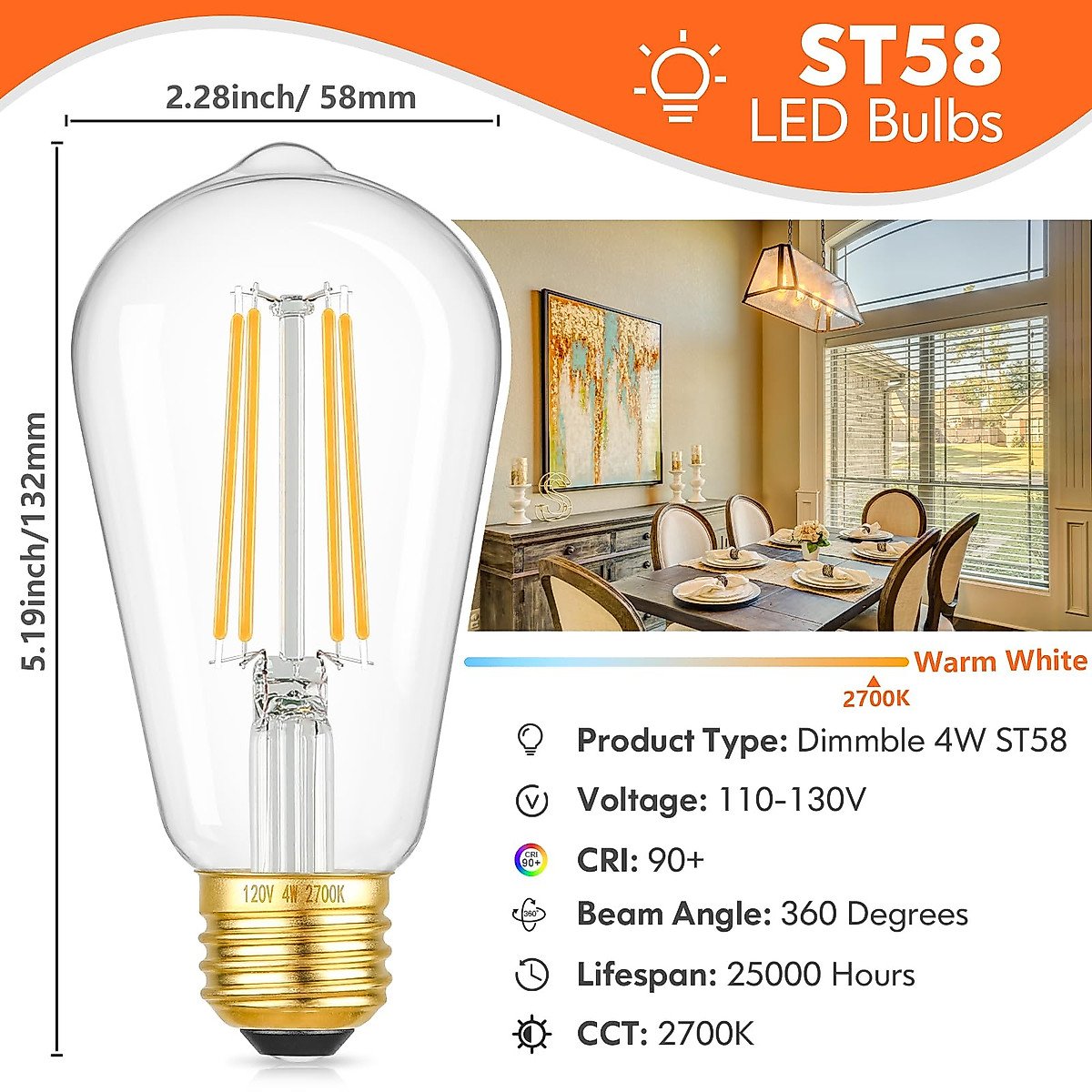 Kondras Dimmable Vintage LED Edison Bulbs, 4W 40W Equivalent LED Bulbs, ST58 Antique LED Filament Bulbs, 2700K Warm White LED Light Bulbs, E26 Gold Base Bulbs, Clear LED Bulbs CRI90+, 4 Packs