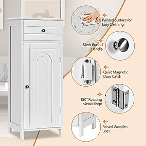 COSTWAY Bathroom Storage Cabinet, Single Door Floor Cabinet with Drawer and 3-Level Adjustable Shelves, Modern Side Storage Organizer with Anti-Tipping Device for Living Room, Bedroom (White)