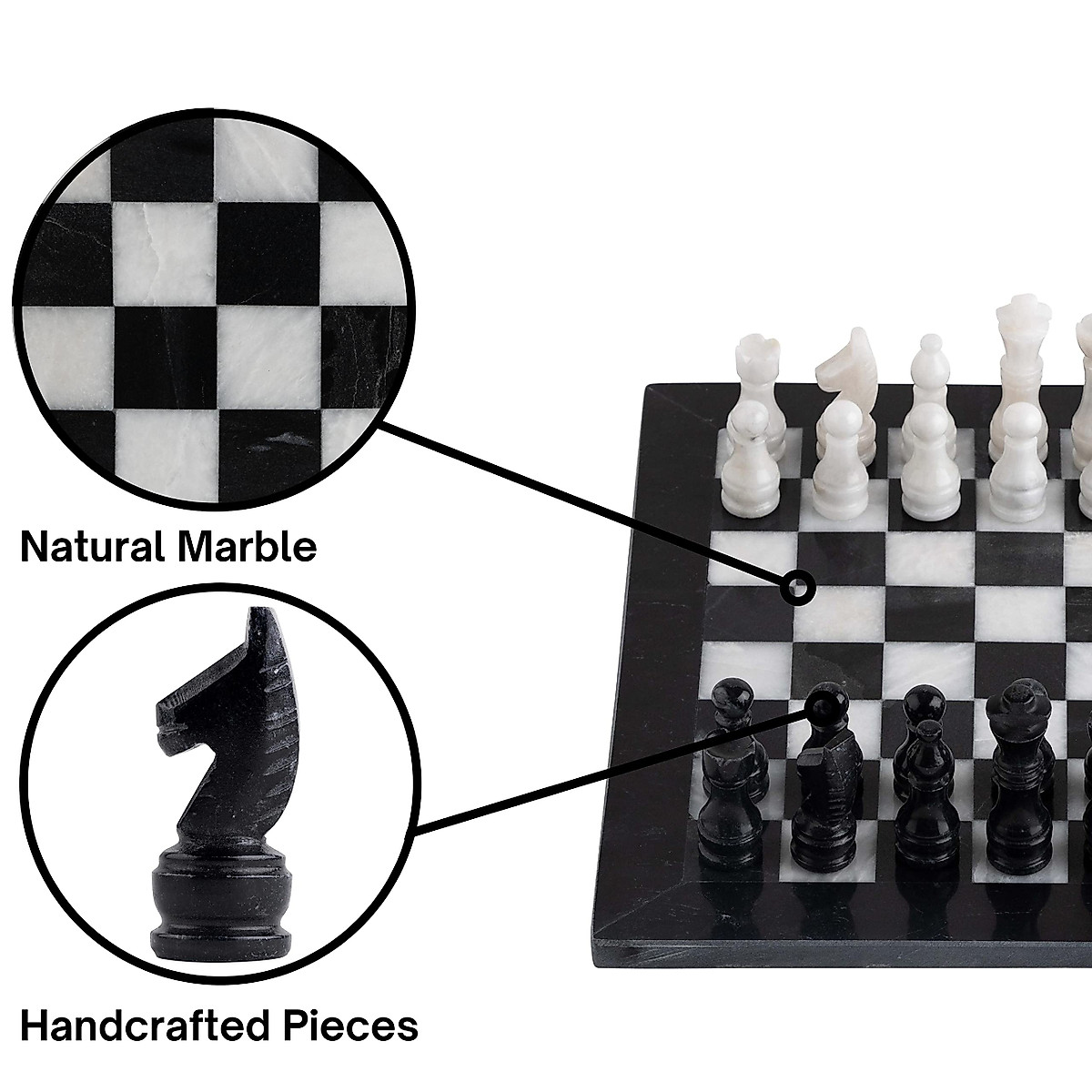 Marble Chess Set-Magnificent Handcrafted Board and Chess Pieces-12X12 inch Black White Classic