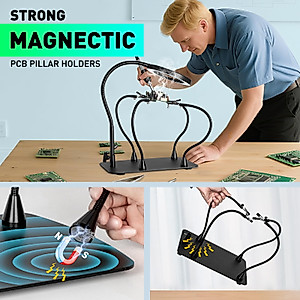 5X&10X Magnifying Glass with Light and Stand, KUVRS Flexible Magnetic Helping Hand, Large Base&Clamp Magnifying Lamp, 3 Color Adjustable Arm Desk Magnifying Glass with Light for Soldering Craft Hobby