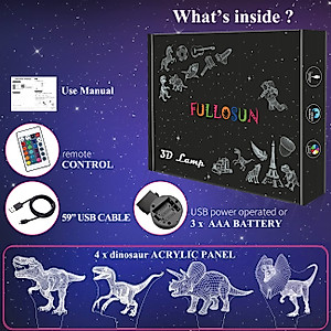 FULLOSUN Dinosaur Gifts, T-rex Dinosaur 3D Night Light for Kids (4 Patterns) with Remote Control & 16 Colors Changing & Dimmable Function & Gift Wrap, Xmas Birthday Gifts for Boy Girl