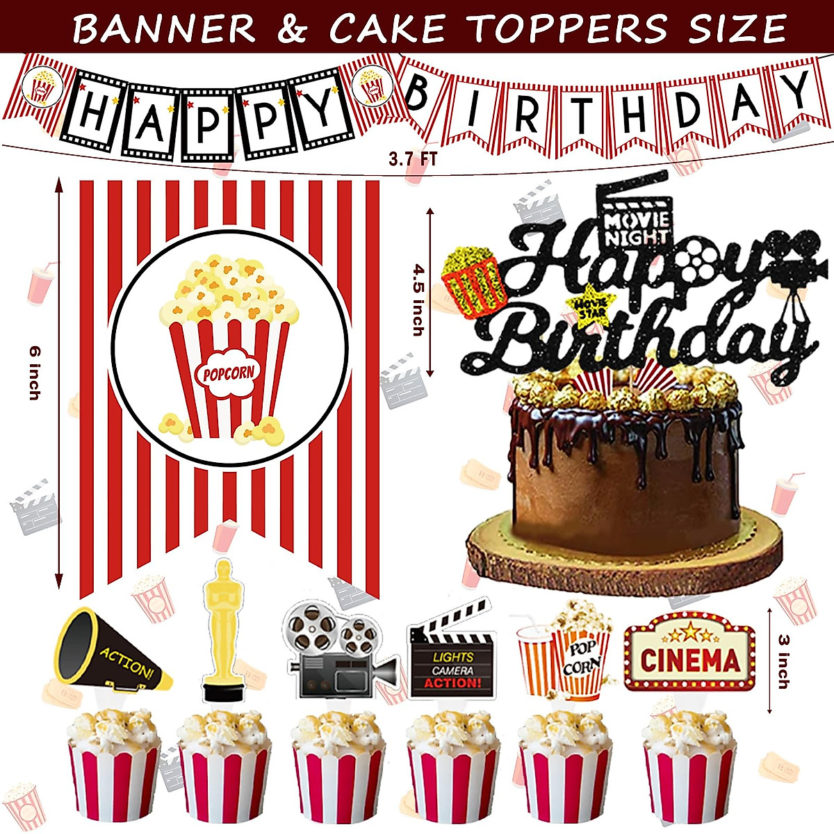 Hombae Movie Night Birthday Party Decorations, Movie Theater Hollywood Cinema Themed Birthday Party Backdrop Balloon Garland Banner Tablecloth Cake Cupcake Topper Poster Clapboard