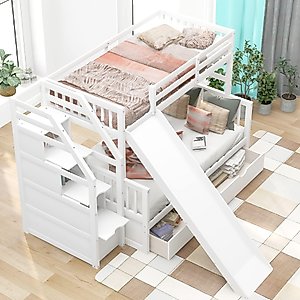 Twin Over Full Bunk Bed with Stairs and Slide, Solid Wood Bunk Bed Frame with Storage Drawers for Kids Girls Boys (White)