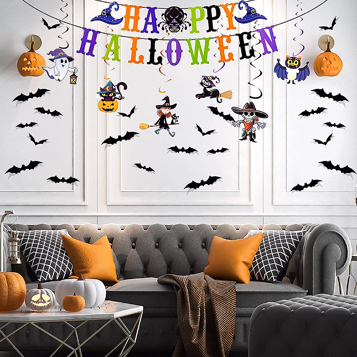 Halloween Party Decorations, Happy Halloween Banner Hanging Swirl Streamers and 3D Bat for Halloween Party