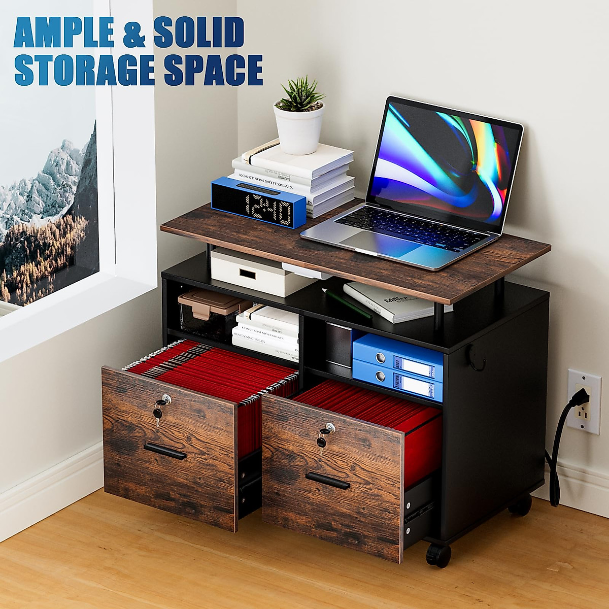 Naice File Cabinet with Charging Station, Lateral File Cabinets with 2 Lock Drawers, Wood Filing Cabinet for Home Office Printer Stand, 2 Storage Shelves, Letter/A4 Size Hanging File Folders