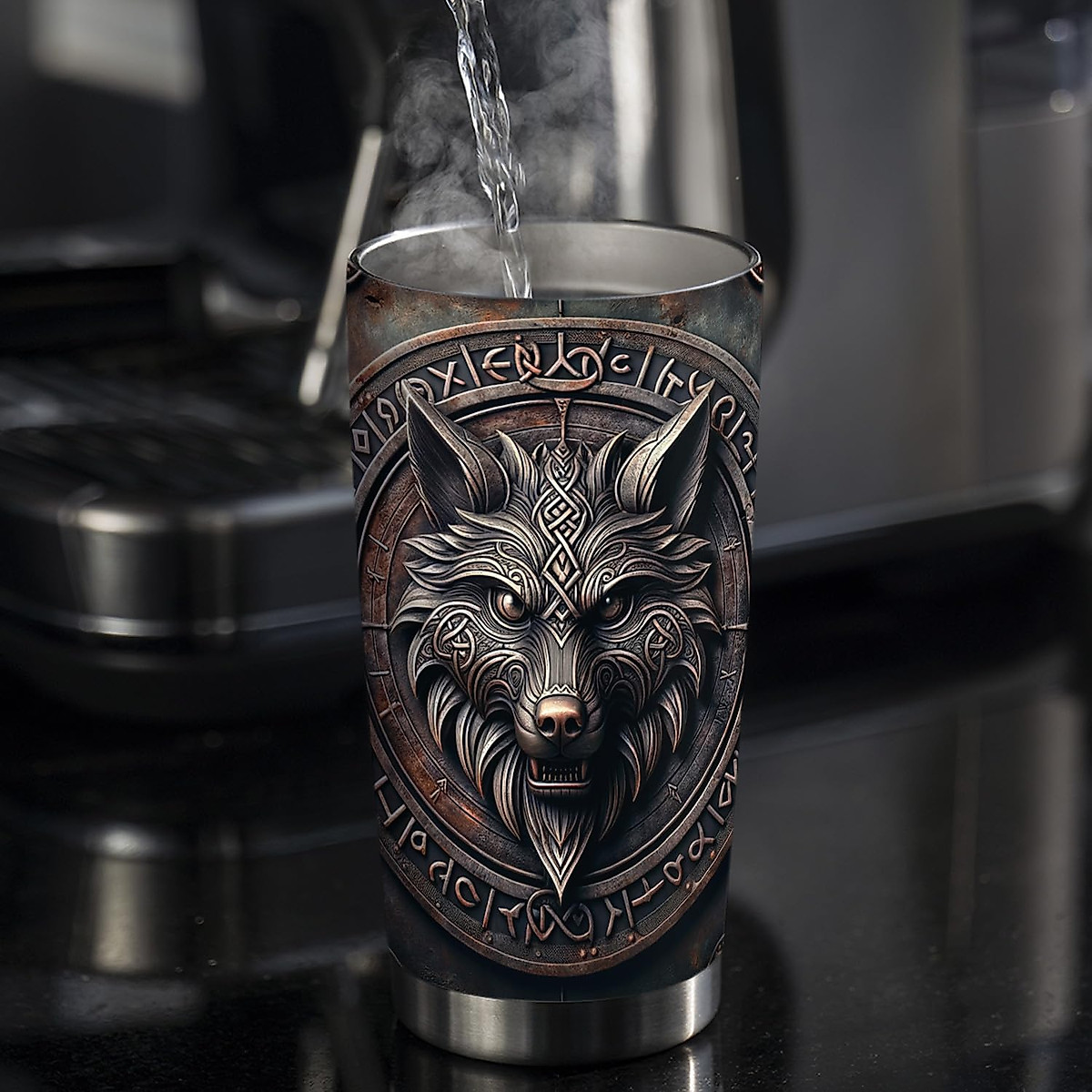 20oz Viking Celtic Warrior Wolf Tumbler, Norse Mythology, Viking Gifts for Men, Coffee Thermos for Men, Stainless Steel Double Wall Vacuum Insulated Coffee Mug, Travel Cup with Lid