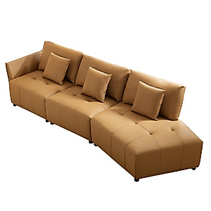 Modern Living Room Curved Sofa, Real Leather Modular Sectional Sofa, Chaise Lounge Couch, 3-Seater Corner Couch, 120'' Sofa Couch with 3 Pillows, Apartment, Home Furniture, Office, Brown Couch