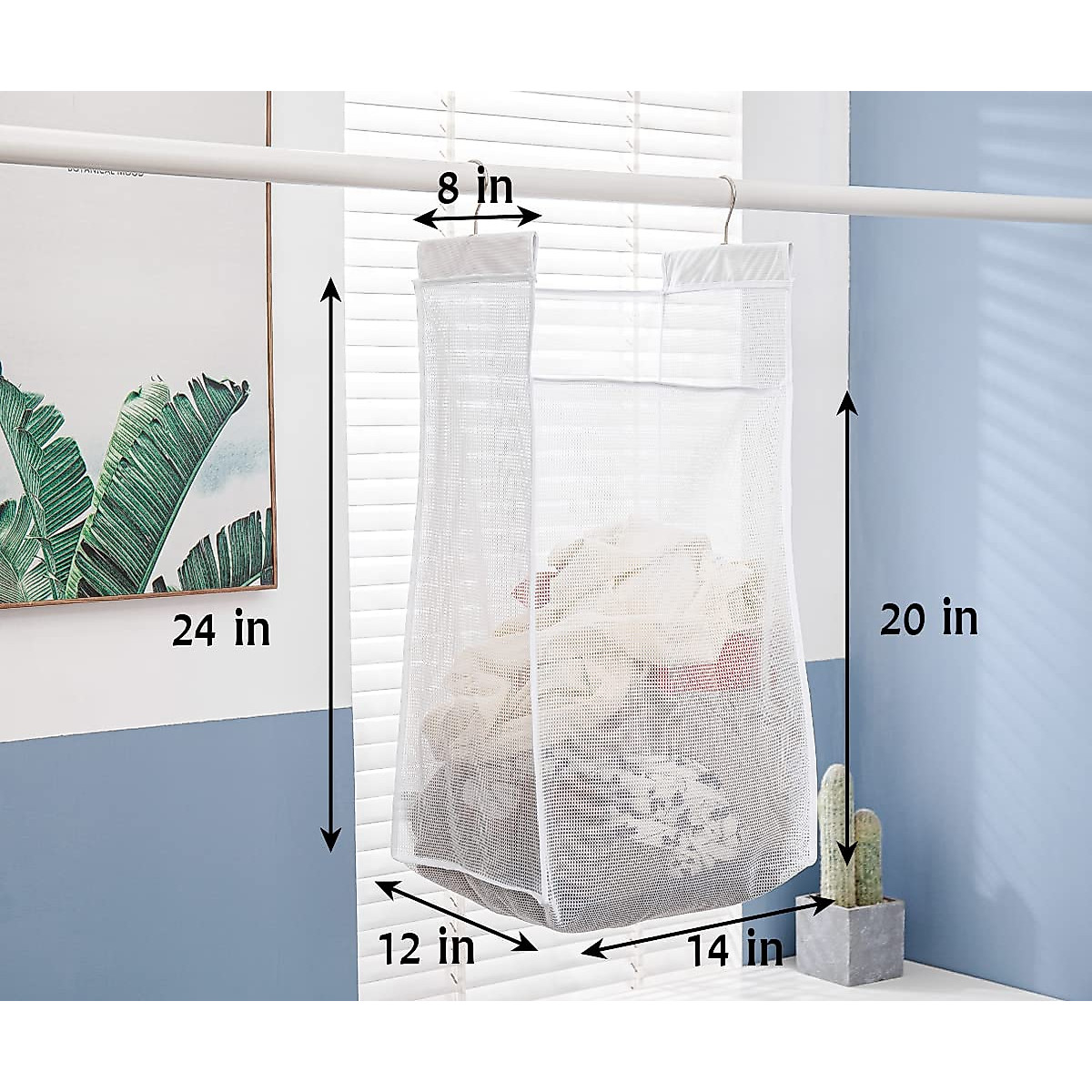 Jelier Hanging Breathable Mesh Laundry Hamper Basket,Portable Heavy Duty Hanging Laundry Bag with Two Hangers (white)