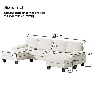 Flamaker Convertible Sectional Sofa Couch, Modern Fabric U-Shaped Living Room Furniture Set, 4-Seat Sectional Sleeper Sofa with Double Chaise & Memory Foam (White)
