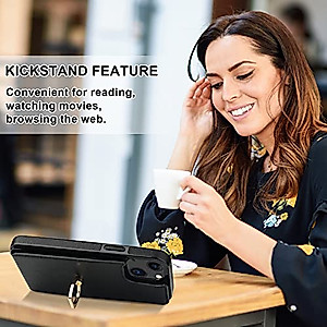 Folosu Compatible with iPhone 14 Case Wallet with Card Holder, 360°Rotation Finger Ring Holder Kickstand, RFID Blocking Leather Protective Double Buttons Shockproof Cover 6.1 Inch Black