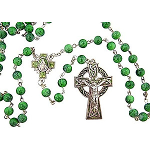 CB Green Celtic Rosary with Miraculous Medal Centerpiece Saint Patrick Blessing Prayer Card