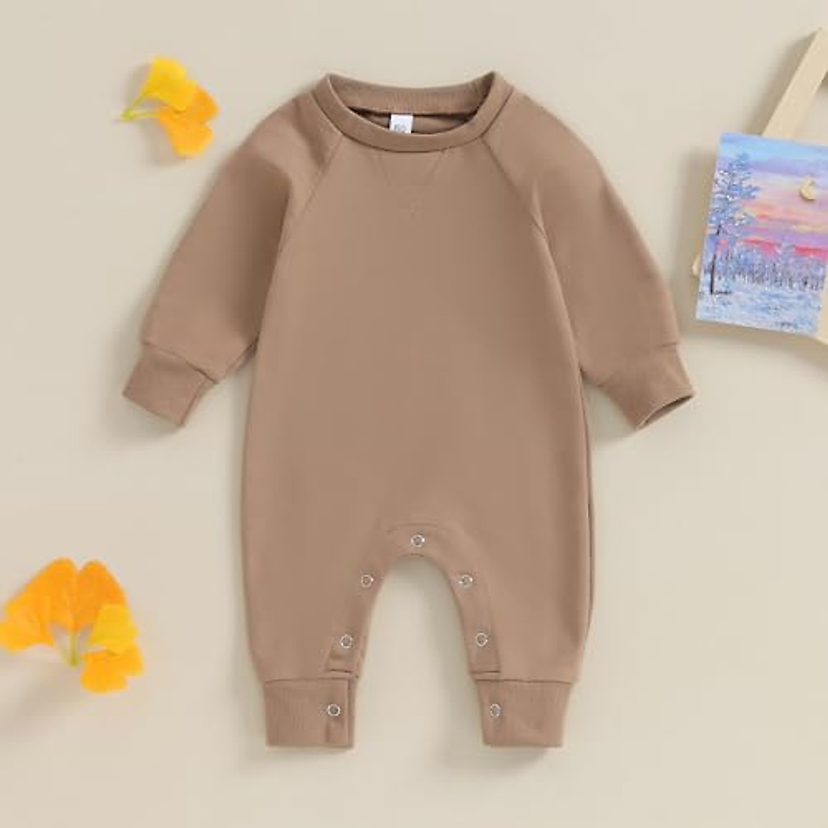 AEEMCEM Newborn Infant Baby Boy Girl Clothes Solid Color Long Sleeve Romper Jumpsuit Playsuit One Piece Bodysuit Fall Outfit (A-Light Brown, 6-12 Months)