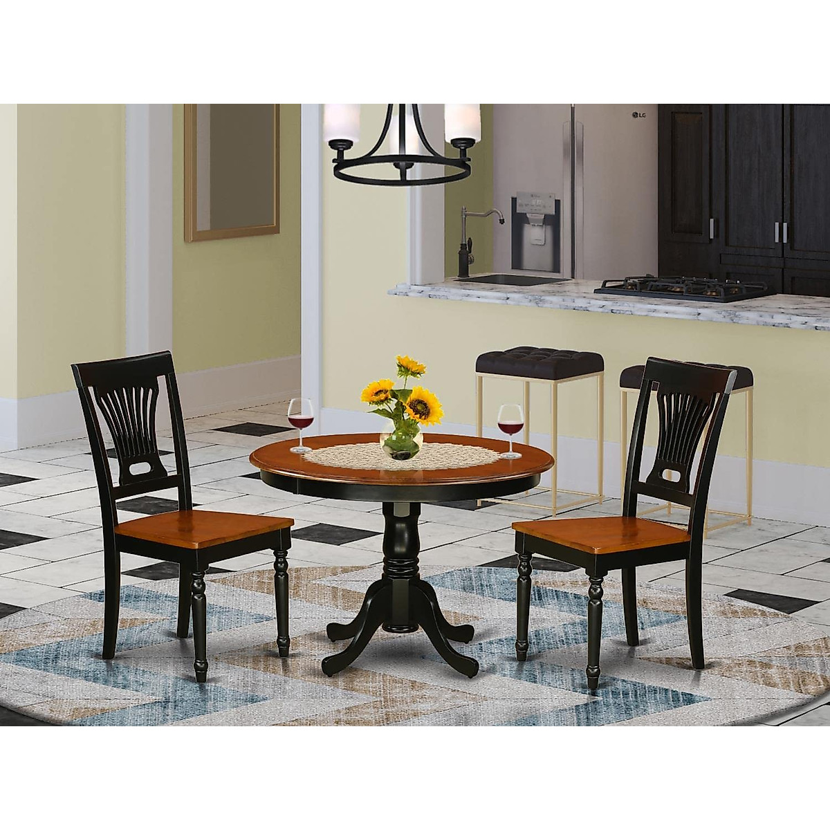 East West Furniture Hartland 3 Piece Kitchen Set Contains a Round Table with Pedestal and 2 Dining Room Chairs, 42x42 Inch, Black & Cherry