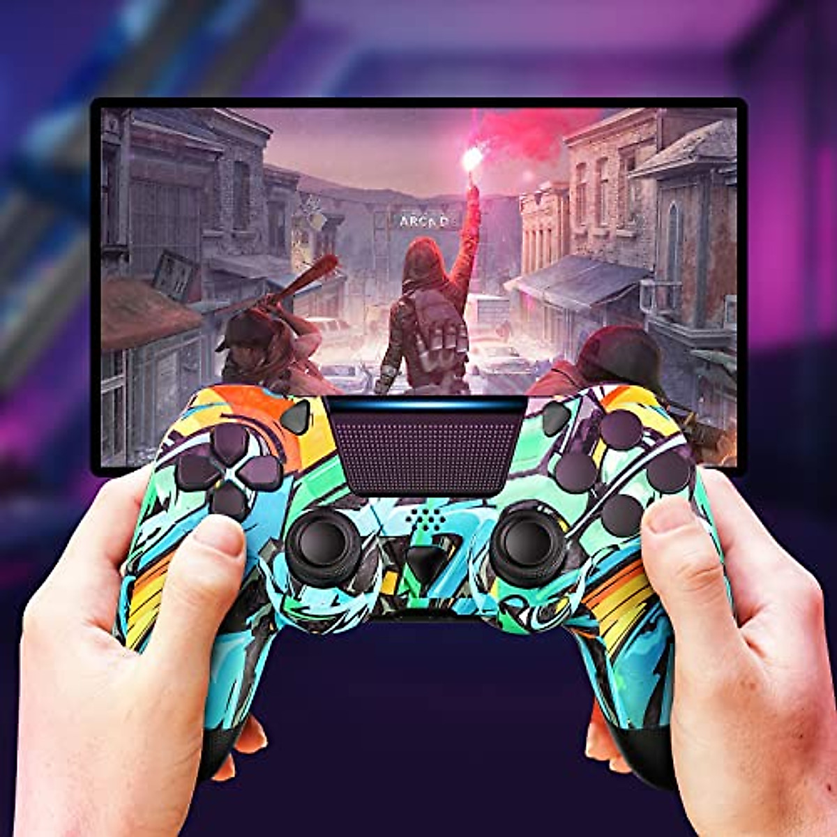 Wireless Controller for PS-4 Compatible with PS-4/Slim/Pro, Built-in 1000mAh Battery with Turbo/Dual Vibration/6-Axis Motion Sensor
