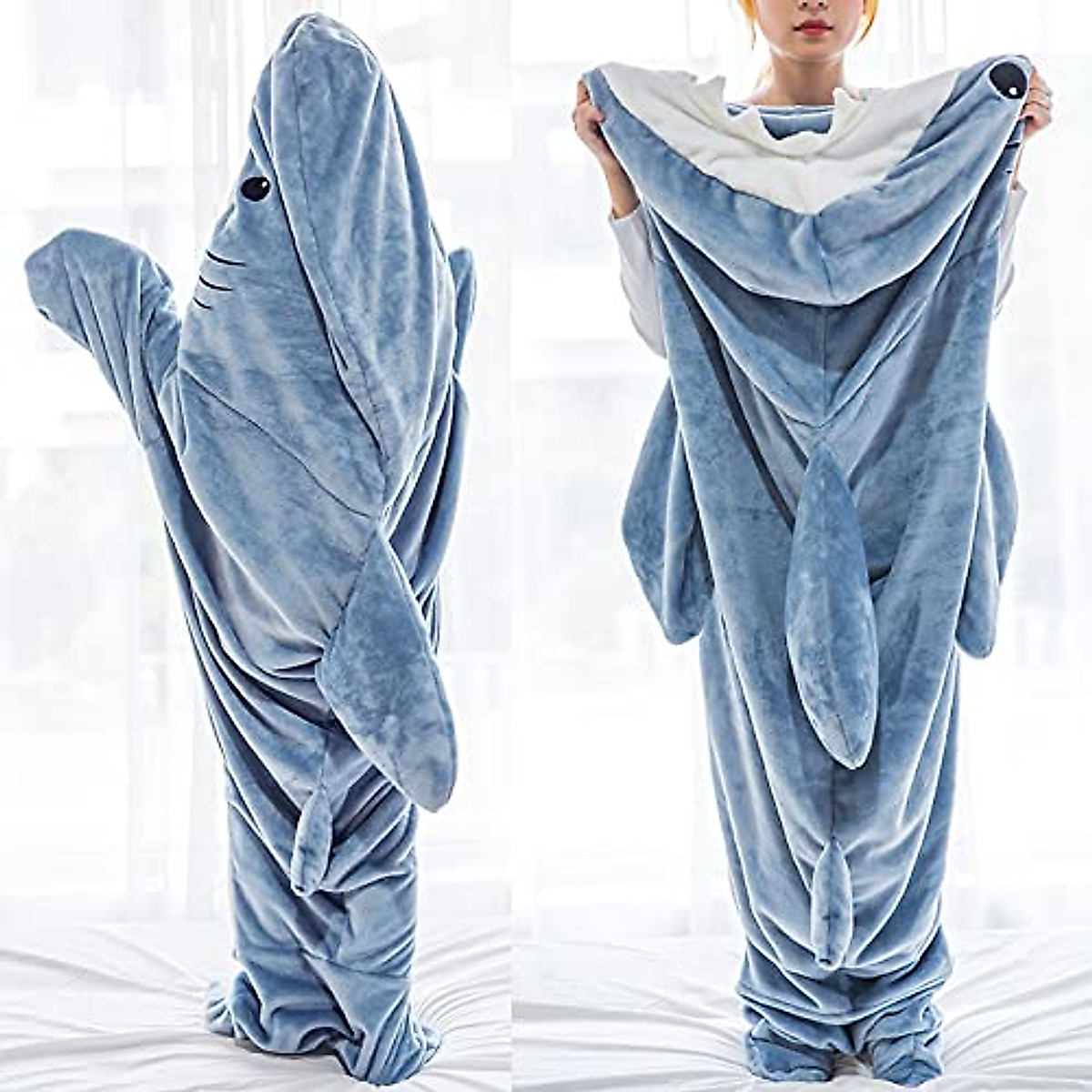 Shark Blanket Adult, Wearable Shark Blanket Super Soft Cozy Flannel Hoodie Shark Blanket Hoodie, Shark Onesie Blanket ((L) 75inX35.5in)