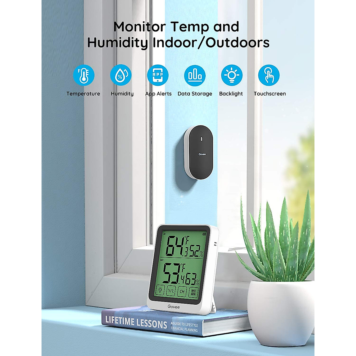 Govee Bluetooth Indoor Outdoor Thermometer, Digital Wireless Weather Hygrometer Humidity with App Notifications, 4.5-Inch Large LCD Touchscreen with Backlight, 2-Year Data Storage