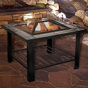 Pure Garden 588189TMQ 30" Fire Set, Wood Burning Pit-Includes Screen, Cover and Log Poker-for Outdoor and Patio, 30 inch Square Marble Tile Firepit, Black