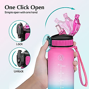 EYQ 32 oz Water Bottle with Time Marker, Carry Strap, Leak-Proof Tritan BPA-Free, Ensure You Drink Enough Water for Fitness, Gym, Camping, Outdoor Sports (Fuschia/Green Gradient)