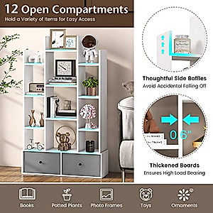 Tangkula Bookshelf with 2 Drawers, Tree-Shaped Bookcase with 12 Open Storage Shelves, Freestanding Industrial Wood Display Cube Shelf, Home Office Books Organizer, 31.5 x 9.5 x 52 Inches