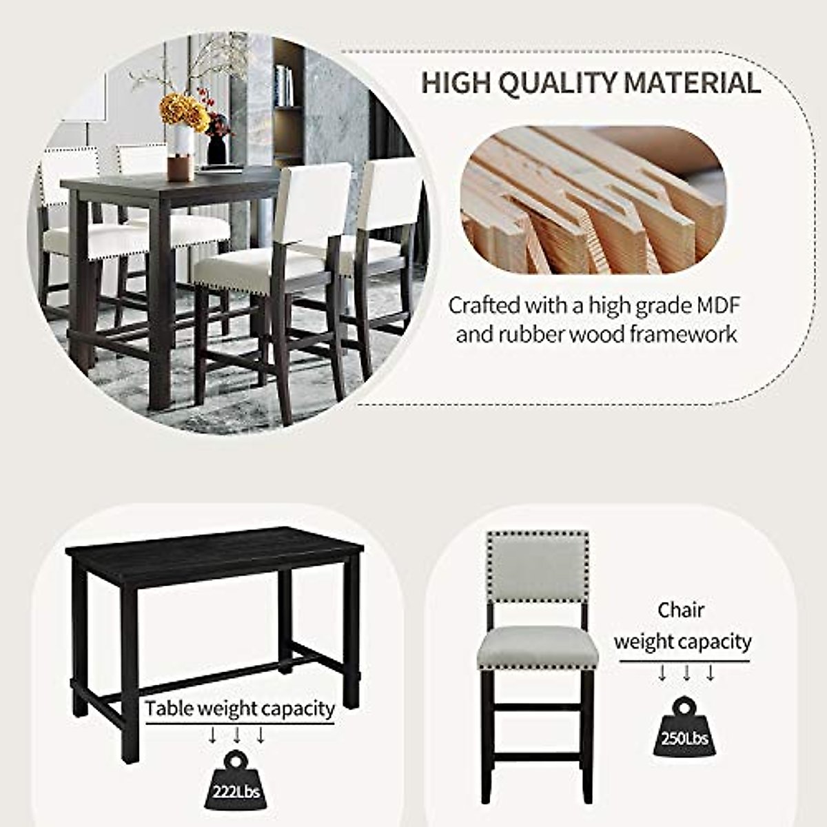 P PURLOVE 5 Piece Dining Set Kitchen Table Set Counter Height Table Set with One Rectangle Table and 4 Cushioned Chairs for 4 Persons Dining Room Table Set for Small Place(Table and 4 Chairs)