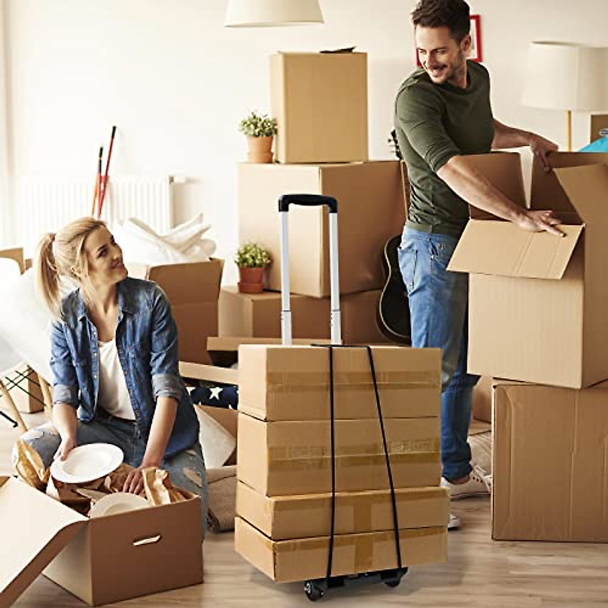 Folding Hand Truck, BOQZ Luggage Cart with Elastic Bungee Rope 4 Wheels Solid Construction Portable Fold Up Dolly Compact Lightweight Utility Cart for Luggage Travel Shopping Moving Office Use