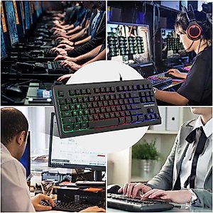 Lumsburry Rainbow LED Backlit 87 Keys Gaming Keyboard, Compact Keyboard with 12 Multimedia Shortcut Keys USB Wired Keyboard for PC Gamers Office