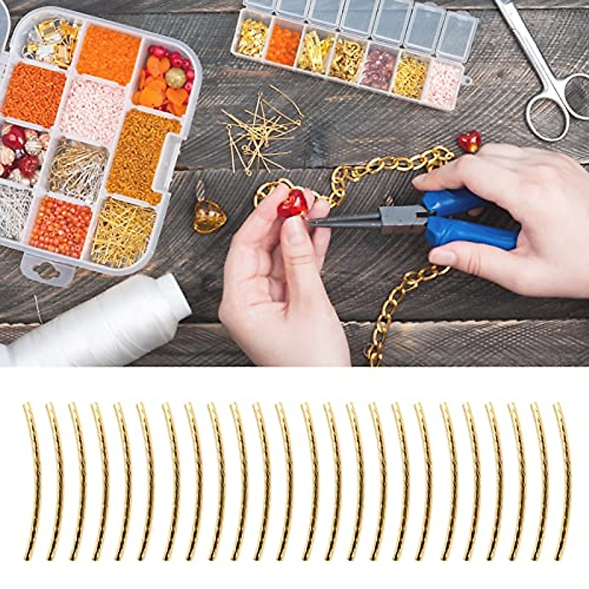 Curved Noodle Tube Spacer Beads, DIY Materials 200Pcs Jewelry Making Accessories Curved Long Tube Beads for Jewelry Making for DIY Crafts(Golden)