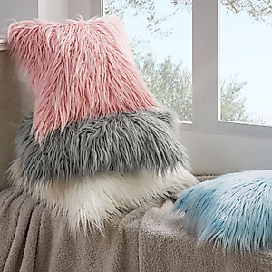 Phantoscope Faux Fur Solid Decorative Pillow Cover Fluffy Throw Pillow Mongolian Luxury Fuzzy Pillow Case Cushion Cover for Bedroom and Couch,Pink 18 x 18 Inches
