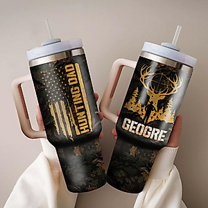 WAZONE Personalized Hunting 40oz Tumbler with Handle and Straw Lid Custom Name Wood Drawing Tumblers Stainless Steel Travel Cup for Father Dad Man Hunter Lover Gift Birthday Christmas Fathers Day