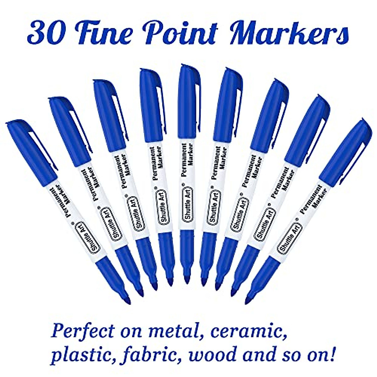 Permanent Markers,Shuttle Art 30 Pack Blue Permanent Marker set,Fine Point, Works on Plastic,Wood,Stone,Metal and Glass for Doodling, Marking