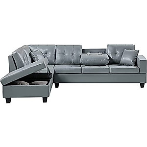 EMKK Variable Bed Sofa Living Room Folding Sectional Sofa with Reversible Chaise Lounge, Upholstered L-Shaped Couch with Two Cup Holders 2 Pillows for Office Apartment Large Space Furniture Sets
