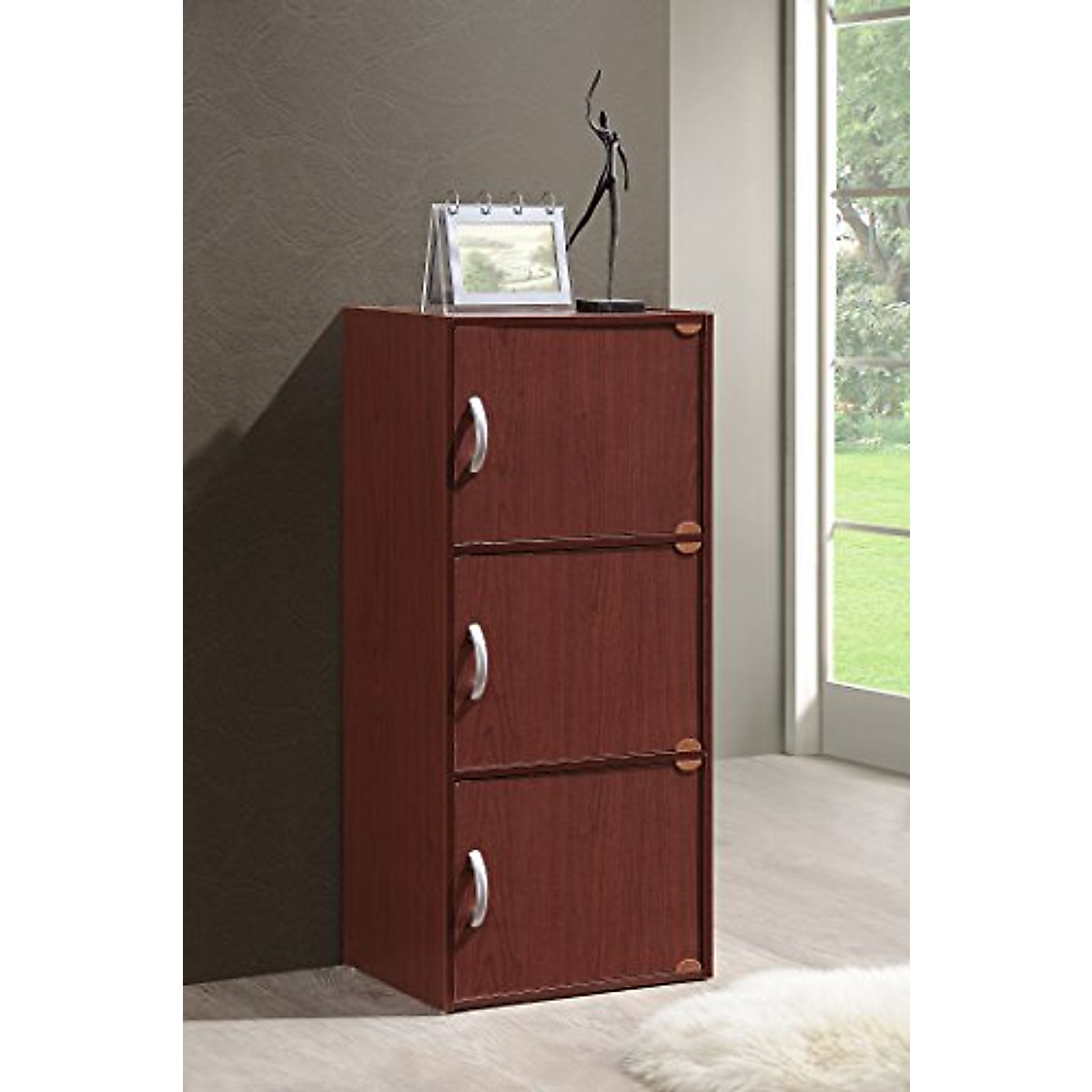 HODEDAH 3 Door Bookcase Cabinet, Mahogany