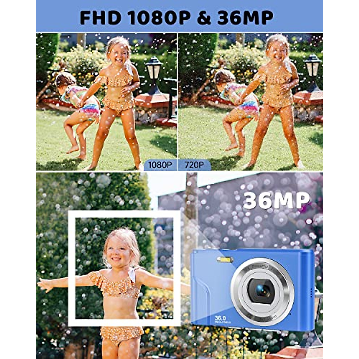 Digital Camera, Lecran FHD 1080P 36.0 Mega Pixels Vlogging Camera with 16X Digital Zoom, LCD Screen, Compact Portable Mini Cameras for Students, Teens, Kids (Blue)