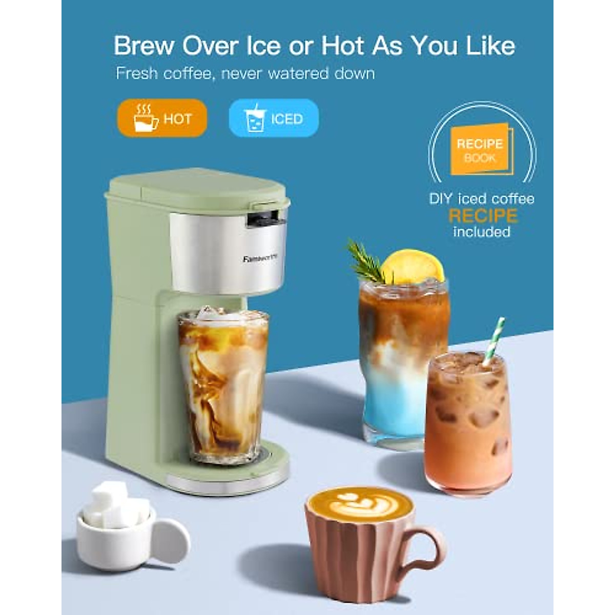 Famiworths Iced Coffee Maker, Hot and Cold Coffee Maker Single Serve for K Cup and Ground, with Descaling Reminder and Self Cleaning, Iced Coffee Machine for Home, Office and RV, Green