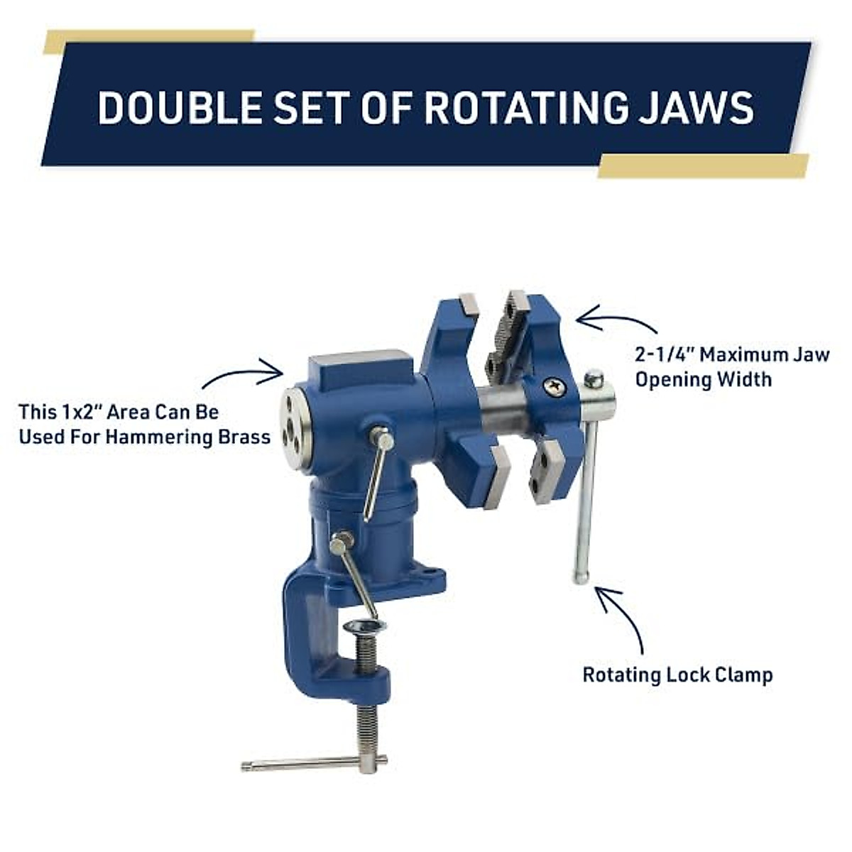 Universal Bench Vise Grip - Multi-Position Modular Cast Iron Woodworking and Metal Working Table Vise with 2 Rotating Jaws and Anvil - Portable Grip with 2-1/4" Max Jaw Opening by Kings County Tools
