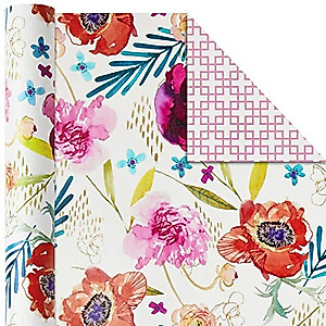 Hallmark Reversible Floral Wrapping Paper (3 Rolls, 120 sq. ft. ttl) Pink, Blue, Green, Yellow, Bright Flowers for Easter, Mothers Day, Birthdays, Bridal Showers, Baby Showers or Any Occasion