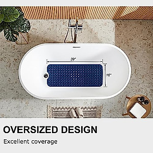 Duwenem Bath Mat for Tub and Shower - Extra Large 39 X 16 Inch Non Slip Bathtub Mat with Drain Holes & Suction Cups - Machine Washable Bathroom Mat (Navy Blue)