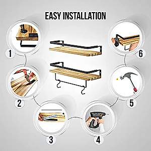 EAVA Floating Shelves, Lighted Wall Mounted Shelves,Paulownia Wood Wall Storage Shelves for Bathroom, Kitchen and Bedroom,Set of 2 with Removable Towel Holder and Hooks.