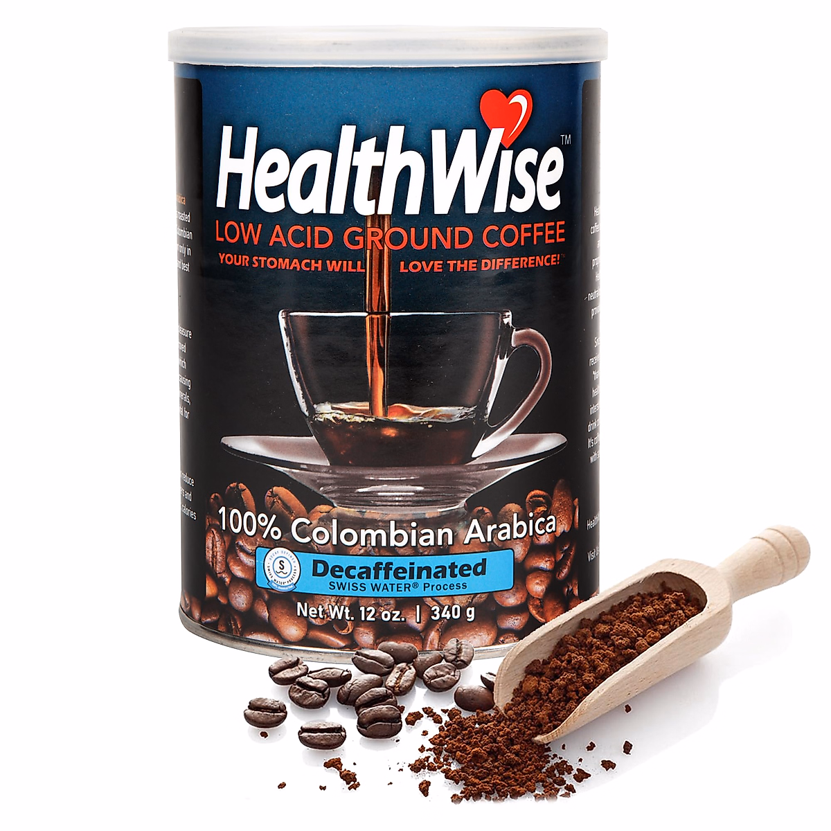 HealthWise Low Acid Swiss Water Decaffeinated Coffee, 100% Colombian Decaf Supremo, 12 Ounce