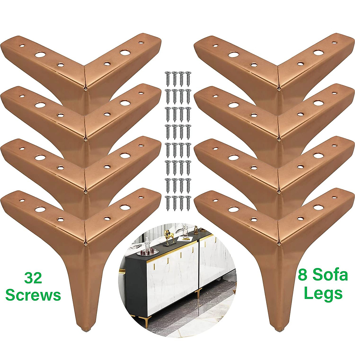 Metal Furniture Legs Feet Set of 8 – Rose Gold Pink Couch Sofa Legs 4 Inch For Furniture Cabinet Bed Chair Nightstand TV Stand , Patas Metalicas Oro Rosada Para Muebles Sofas Sillas Base Cama Modernos