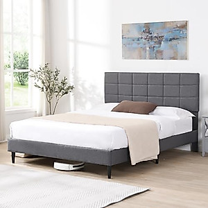 Yone jx je Platform Bed Frame with Fabric Upholstered Headboard and Mattress Foundation Wooden Slats Support, Fabric Upholstered Platform Bed Frame, No Box Spring Needed (Gray, Queen Size)