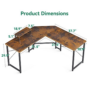 AODK L Shaped Gaming Desk, Computer Corner Desk, PC Gaming Desk Table with Large Monitor Riser Stand for Home Office Sturdy Writing Workstation,51 * 19 inch,Vintage
