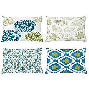 Ambesonne Vintage Throw Pillow CushiCase Pack 4, Bohemian Ornamental Leaves Dahlia Pattern Geometric Art Curlicue Motif, Modern Accent Double-Sided Digital Printing, 20" x 12", Blue Olive Green White