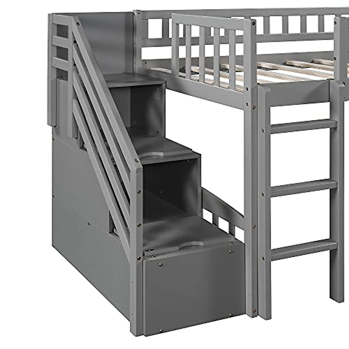 Twin Loft Bed with Slide, Wooden Low Loft Bed with Stairs and Storage for Kids Girls Boys Teens - Gray
