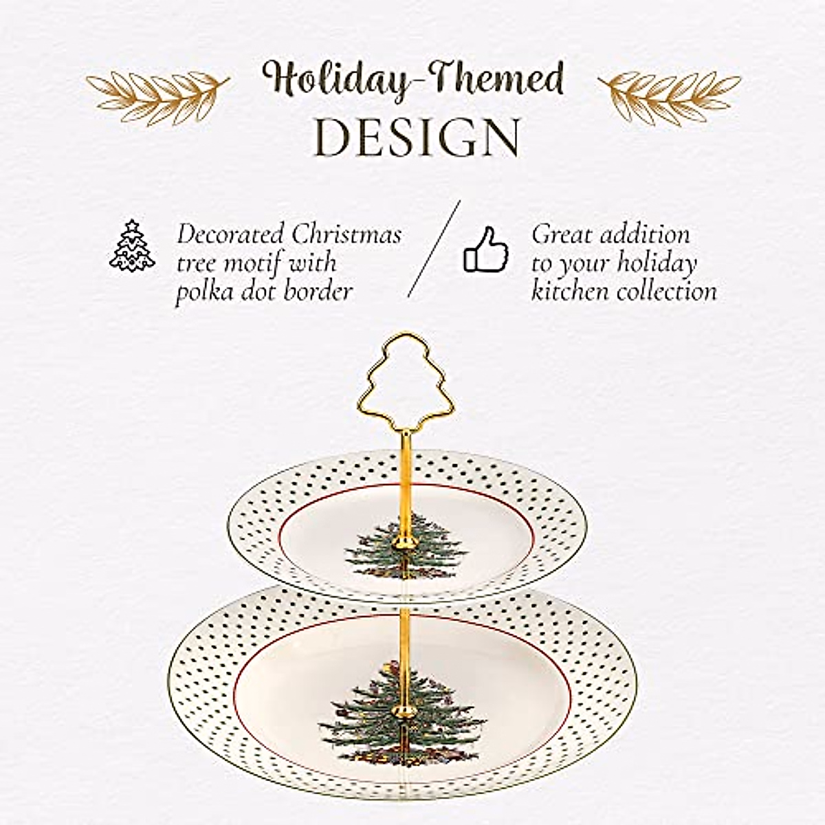 Spode - Christmas Tree Collection, 2-Tiered Tray, for Serving Food, Cake, and Desserts, Server Tier Measures at 8" and 10", Polka Dot Motif with Gold Handle, Dishwasher Safe